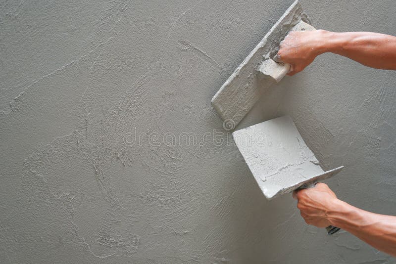 Hand of Worker Plastering Cement Wall at Construction Site Stock Photo ...