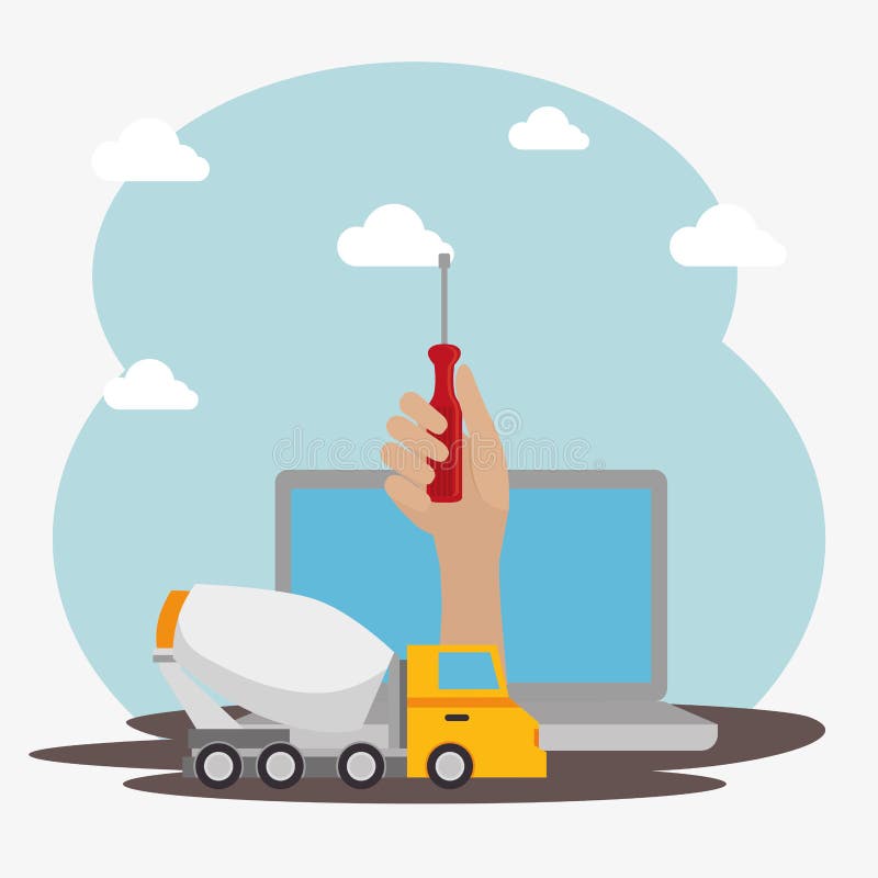 Hand Worker Under Construction with Laptop Stock Vector - Illustration ...