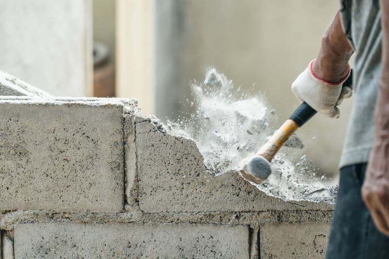 Hand Worker Using Hammer Smashing Demolish Brick Wall Construction Site ...