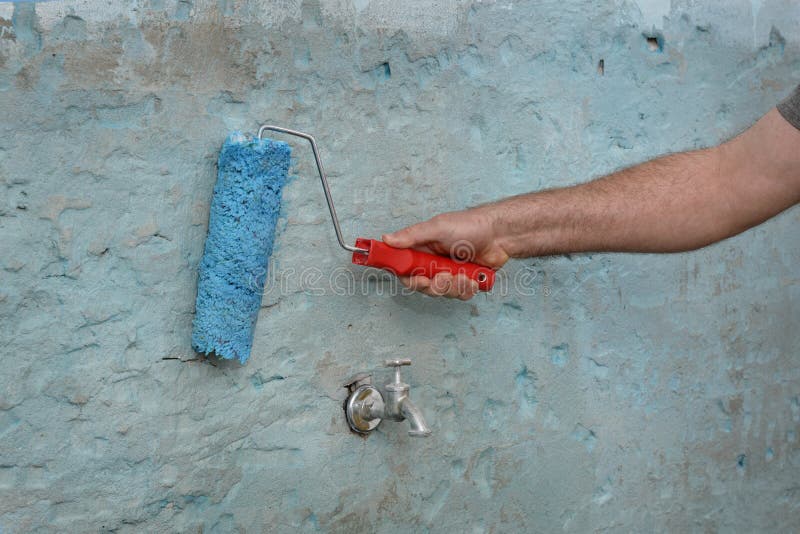 Worker Preparing Wall for Tile Gluing Stock Image - Image of ...