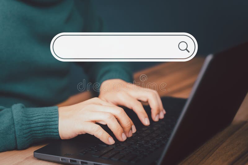 Hand Working with Computer Laptop on Desk in Home. Searching Browsing ...