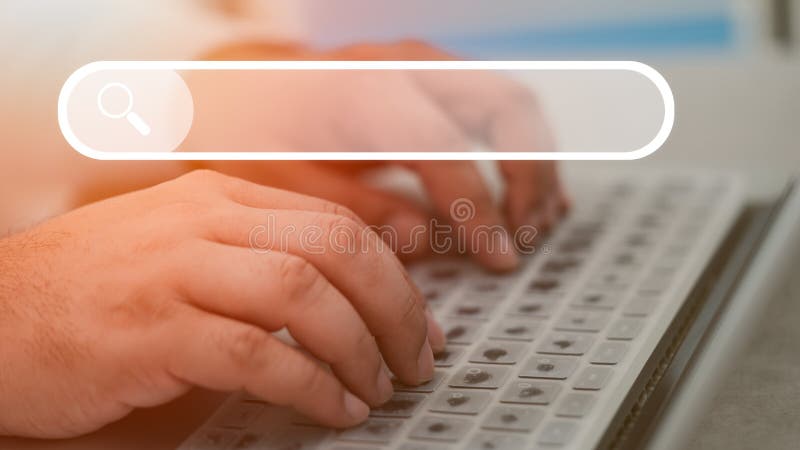 Hand Working with Computer Laptop on Desk with Icon of Searching ...