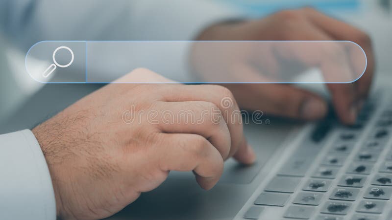 Hand Working with Computer Laptop on Desk with Icon of Searching ...