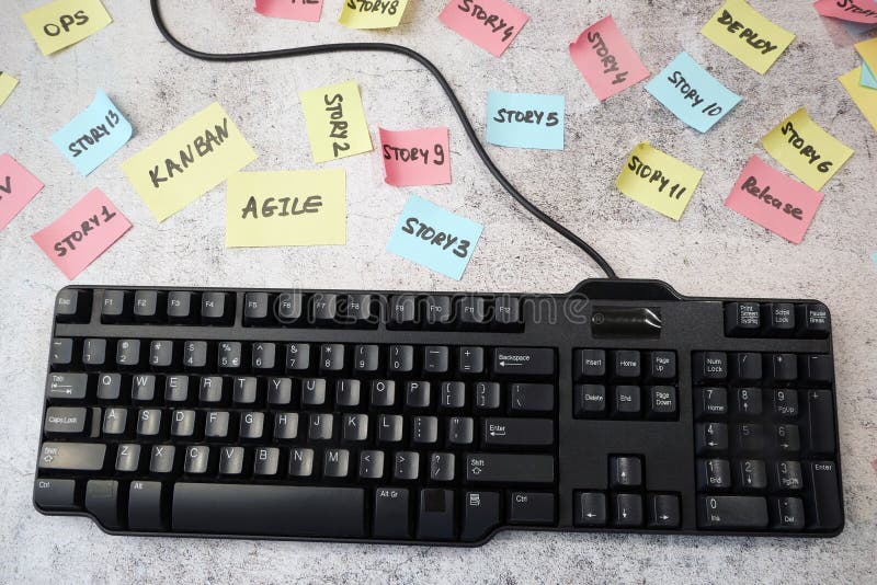 Hand Working in Keyboard, Software Scrum Agile Board with Paper Task ...