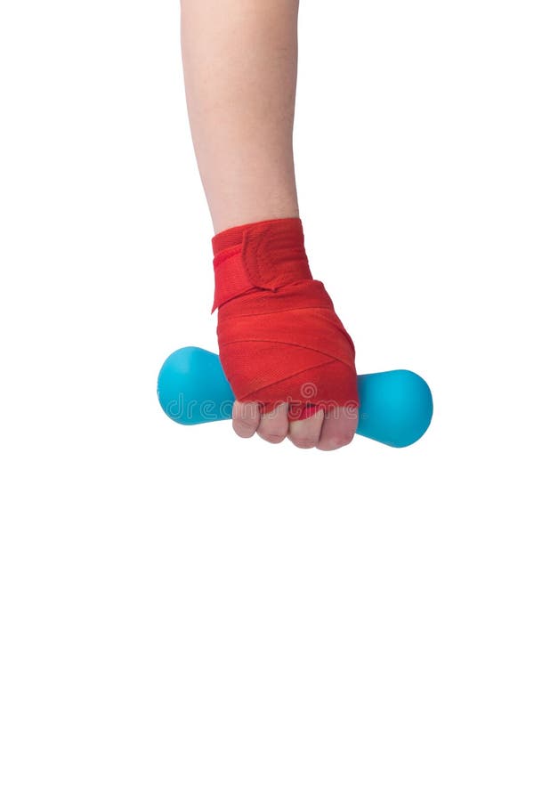A Hand Wrapped in a Red Bandage for Protection Holds a Light Dumbbell ...
