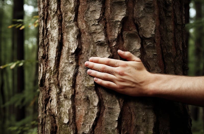 Hand Wrapping Around Tree Trunk in the Forest. Stock Image - Image of ...