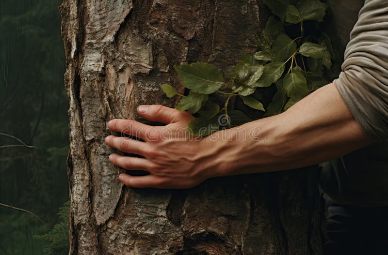 Hand Wrapping Around Tree Trunk in the Forest. Stock Photo - Image of ...