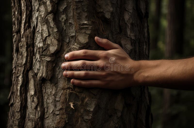 Hand Wrapping Around Tree Trunk in the Forest. Stock Image - Image of ...