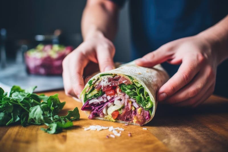 Hand Wrapping a Fresh Burrito with Mediterranean Fillings Stock Image ...