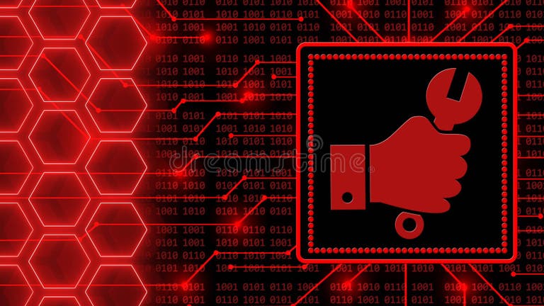 Hand with Wrench in Frame - Abstract Background of 4-digit Binary Code Behind Information ...