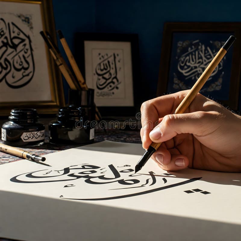 Hand Writing Arabic Calligraphy with Ink and Brush on Paper Stock ...