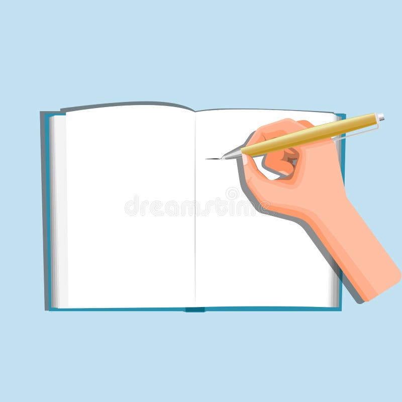 Hand Writing on Book with Balllpoint or Golden Pen in Cartoon ...