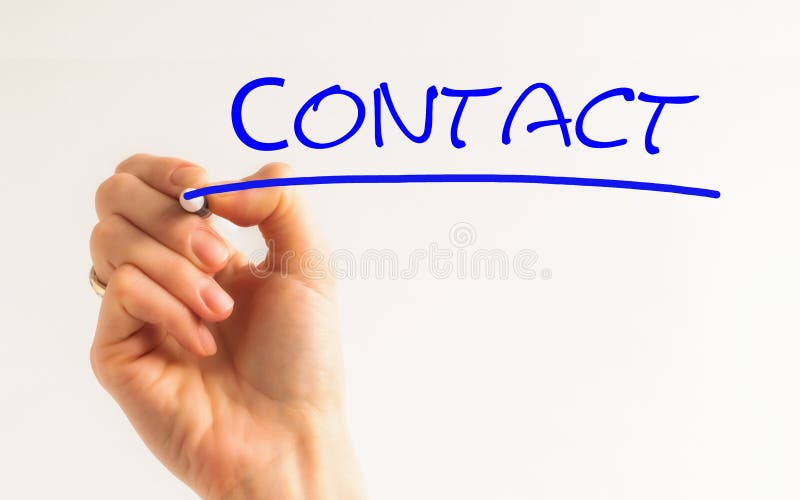 Hand Writing Contact with Blue Marker on Transparent Wipe Board Stock ...