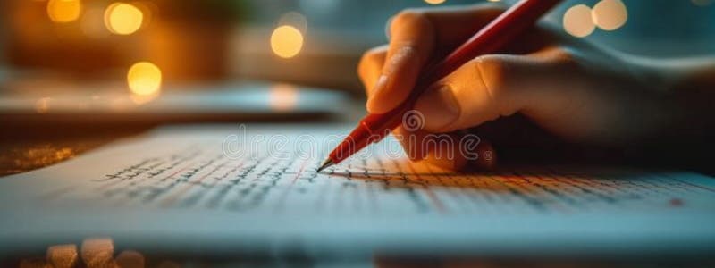 Hand Writing Corrections on Document with Red Pen, Blurred Background ...