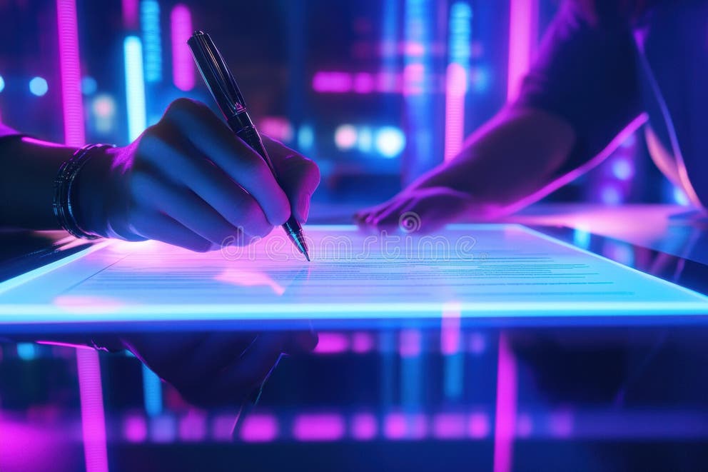 Hand Writing a Document on a Glowing Table with Vibrant Lights in an ...