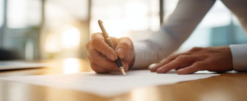 The Hand Writing on a Document with a Pen in a Modern Office Setting ...