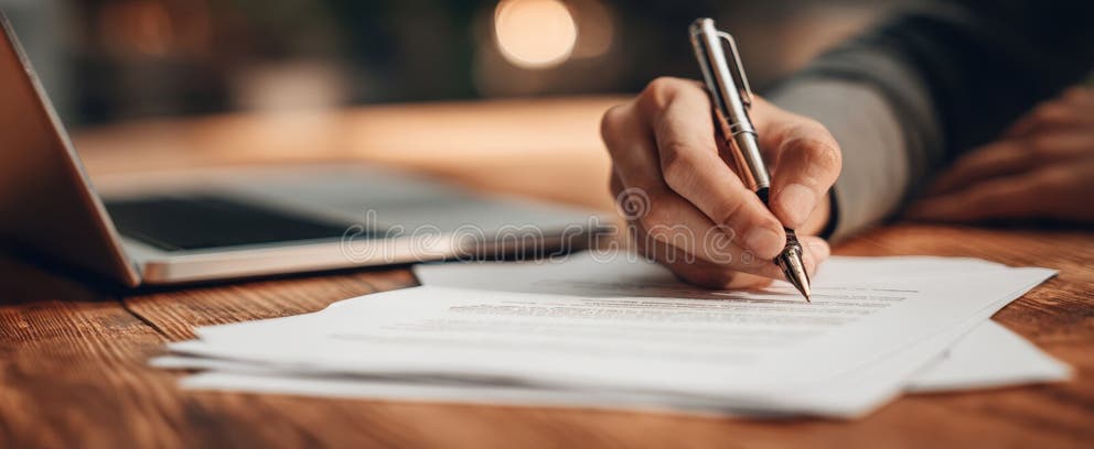 The Hand Writing on Documents with a Laptop in a Cozy Workspace Setting ...