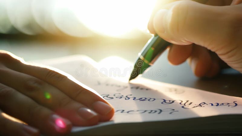 Close Up of a Hand Writing Georgian Script on a Notebook with Sunlight ...
