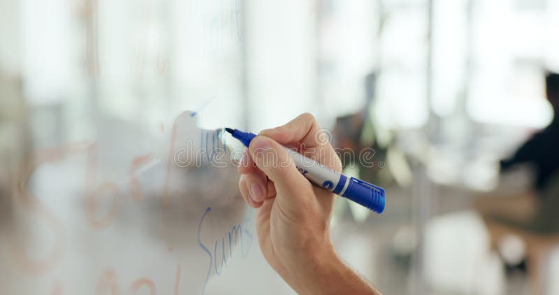 Hand, Writing and Glass Wall for Business Strategy with Brainstorming ...