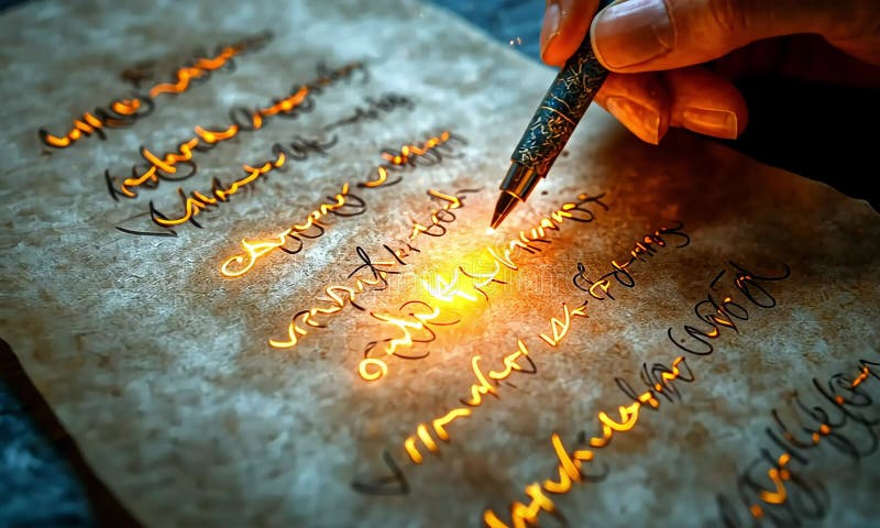 Hand Writing Glowing Script on Parchment, Dark Background, Magical ...