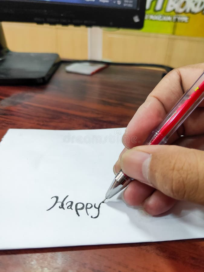 Hand Writing Happy Writing on White Paper Stock Photo - Image of paper ...