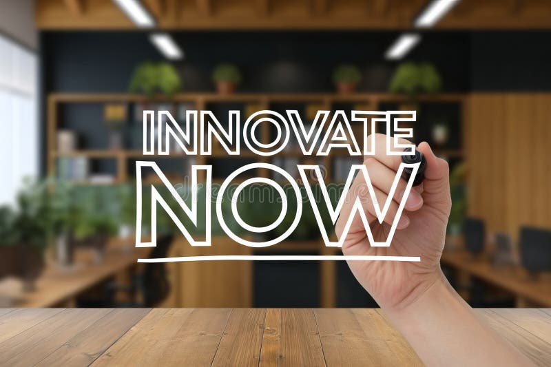 A Hand Writing Innovate Now in a Modern Workspace Stock Illustration ...
