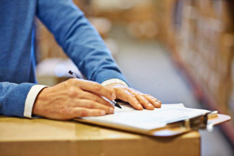 Hand, Writing and Inspector with Closeup of Clipboard in Warehouse for ...