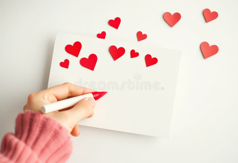 Hand Writing Message on a Blank White Card with Red Heart Decorations ...