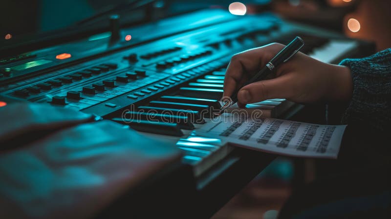 Hand Writing Music Notes on Modern Keyboard Under Soft Light, Musical ...