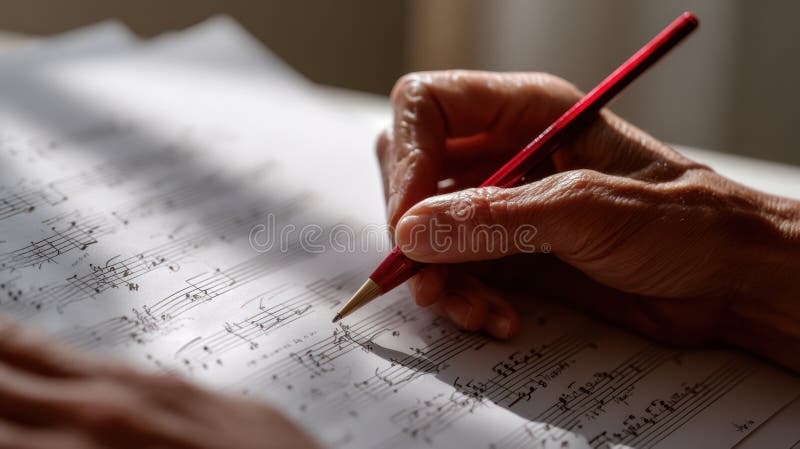 The Hand Writing Music Notes on a Sheet with a Red Pen. AI Generated ...