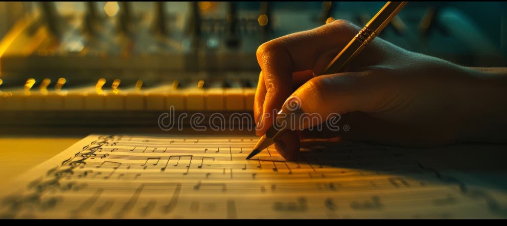 Hand Writing Musical Notes on a Sheet Under Warm Light, with Piano Keys ...