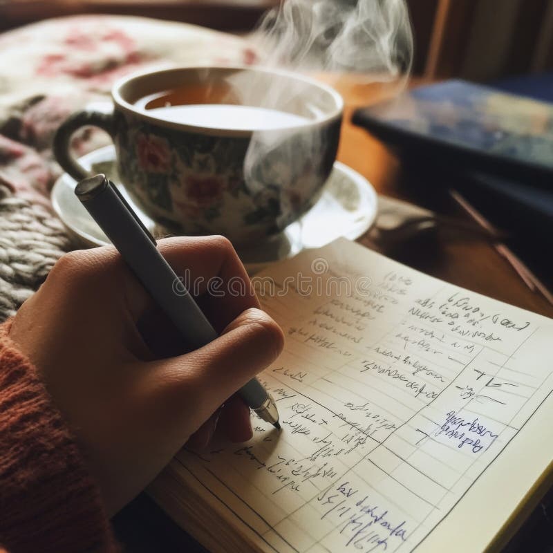 A Hand Writing in a Notebook with a Cup of Tea and Steam Stock ...