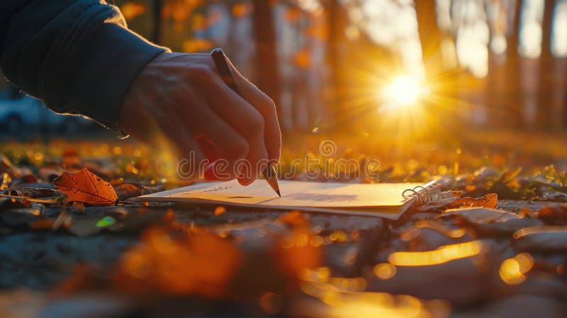 Hand Writing in Notebook on Ground Covered in Fall Leaves Stock ...