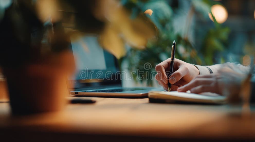 The Hand Writing in a Notebook beside a Laptop in a Cozy Workspace. AI ...