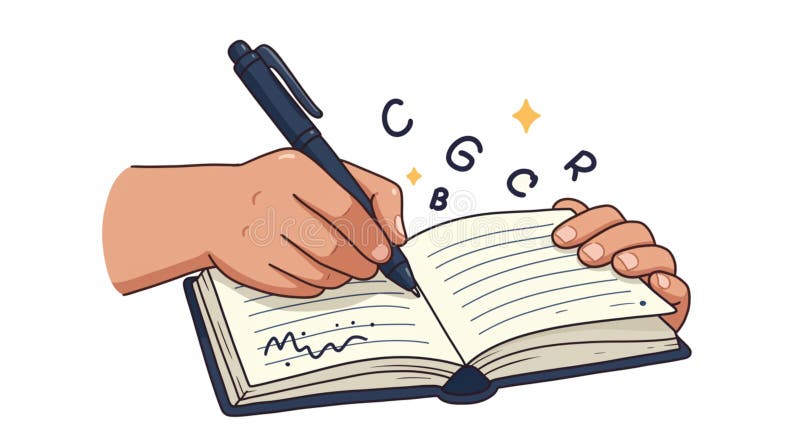 Hand Writing in Notebook with Pen Surrounded by Letters Illustration ...