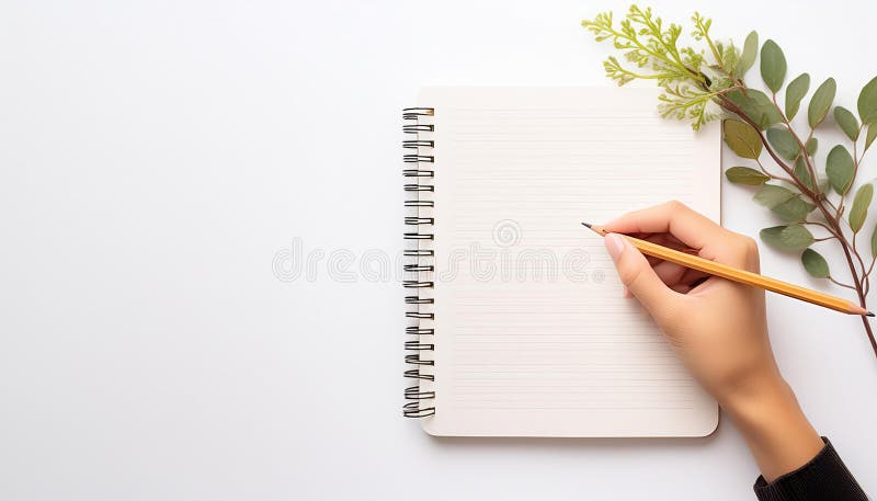 Hand Writing in a Notebook with Pencil and Green Leaves Stock ...