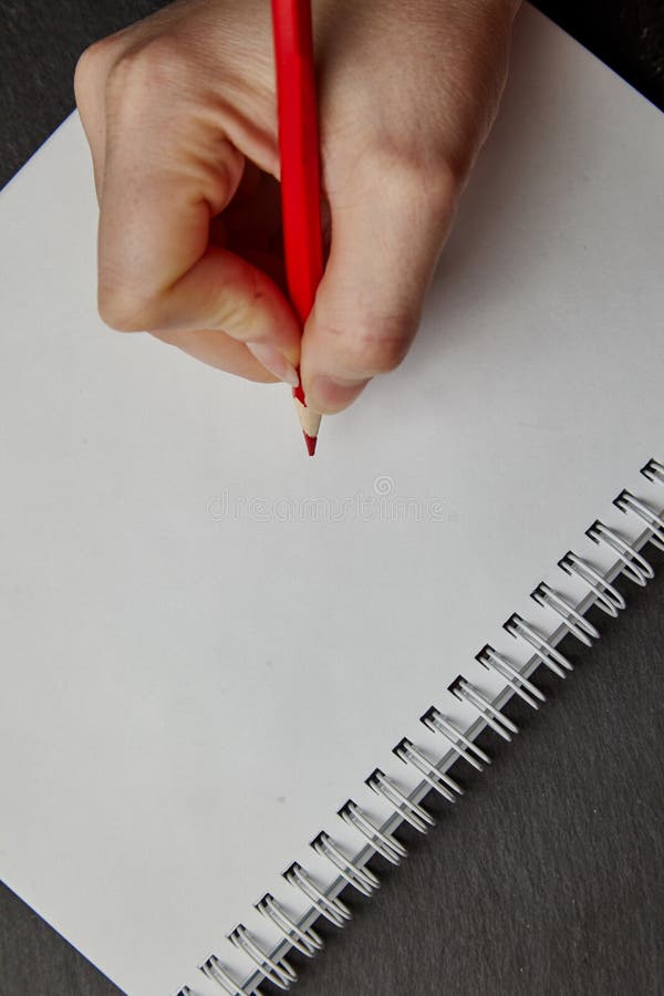 Hand Writing on Notebook with Red Pencil Stock Image - Image of pencil ...