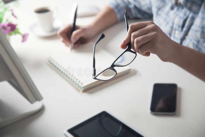 Hand Writing on Notepad in Office Desk Stock Image - Image of learn ...