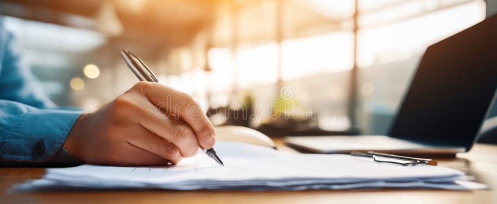 The Hand Writing Notes on a Desk in a Modern Office Environment.AI ...