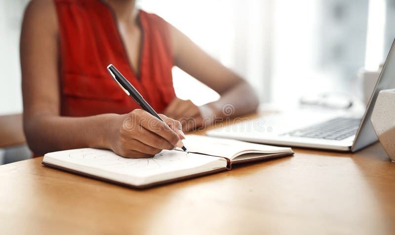 Hand, Writing and Notes in Notebook from Home Office with Schedule for ...