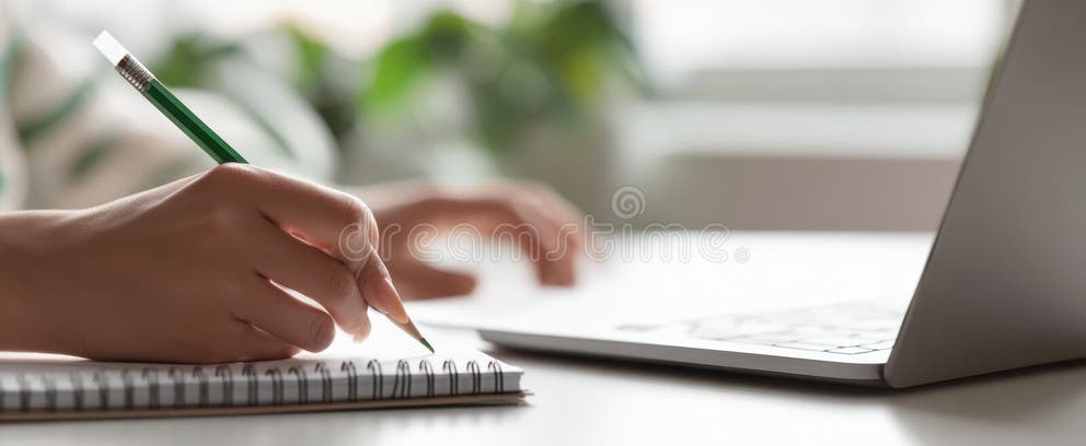 The Hand Writing Notes in a Notebook Next To a Laptop on a Desk. AI ...