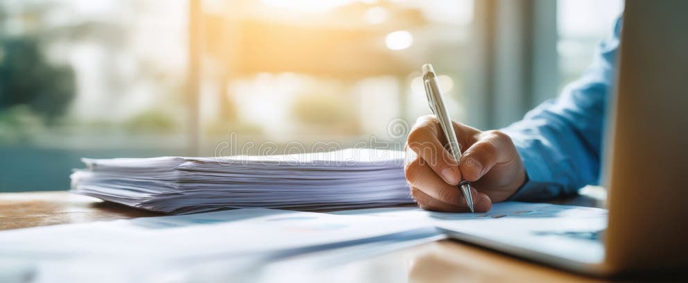 The Hand Writing Notes on Paperwork in a Modern Office Setting.AI ...
