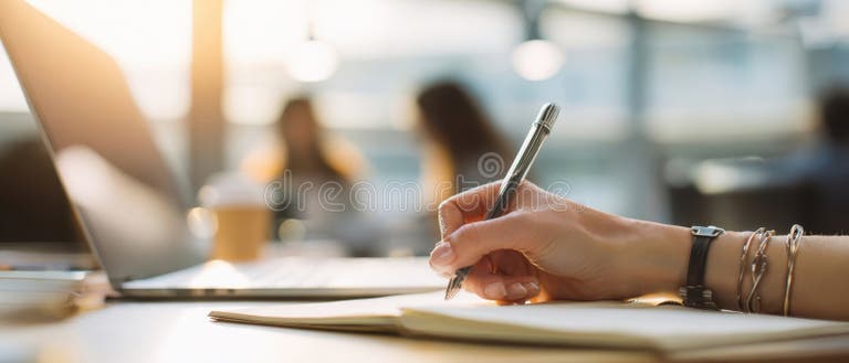 The Hand Writing Notes with a Pen in a Bright Workspace Setting. AI ...