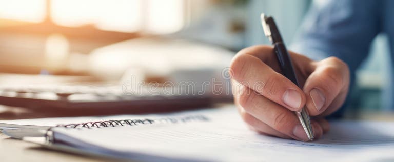 The Hand Writing Notes with a Pen on Paperwork at an Office Desk AI ...