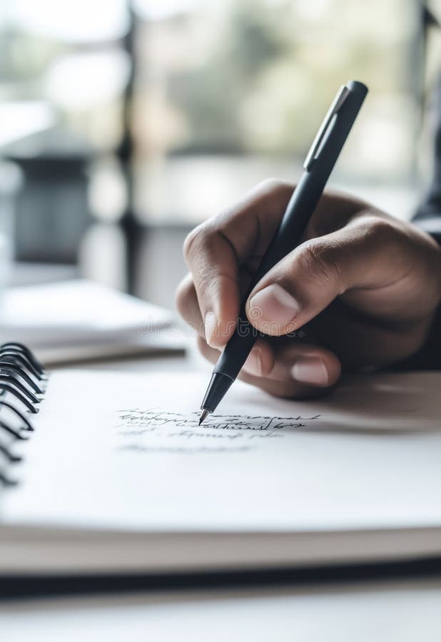 Hand Writing in Open Notebook with Black Pen, Capturing Thoughts and ...