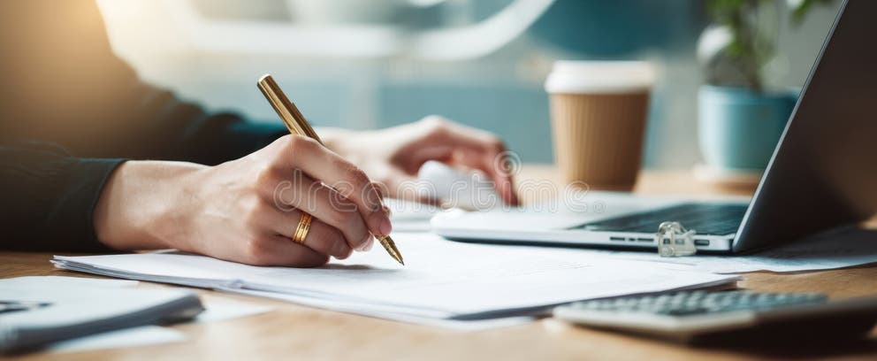 The Hand Writing on Paperwork with a Laptop and Coffee in a Modern ...