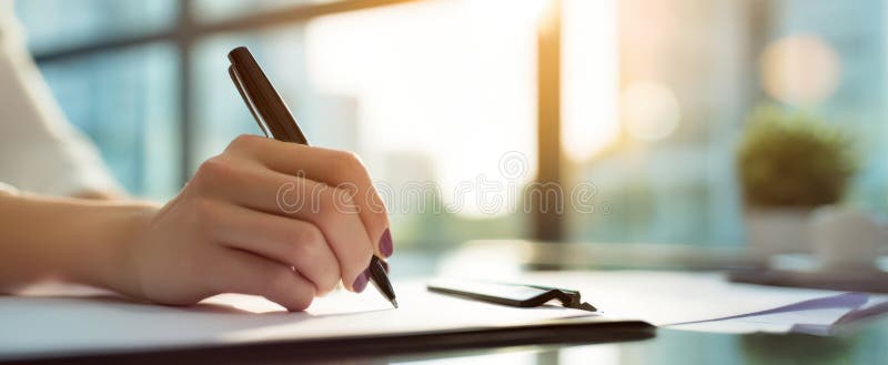 The Hand Writing with a Pen on Paper in a Modern Office Setting..AI ...