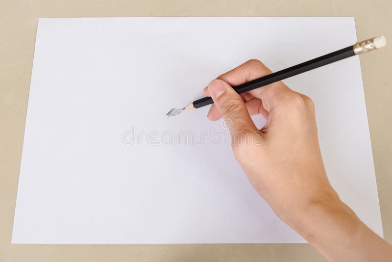 Hand Writing by Pencil Eraser in White Paper and Erase Rubber on Desk ...