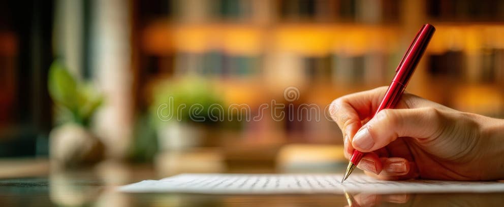 The Hand Writing on a Sheet of Paper with a Red Pen in a Cozy Library ...
