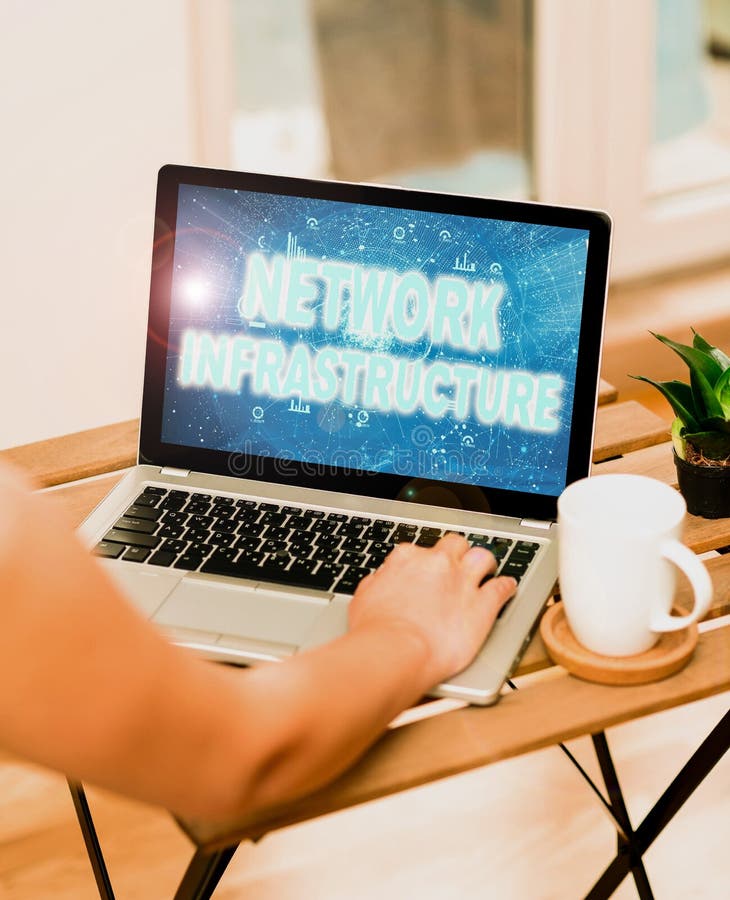 Hand Writing Sign Network Infrastructure. Word Written on Hardware and ...